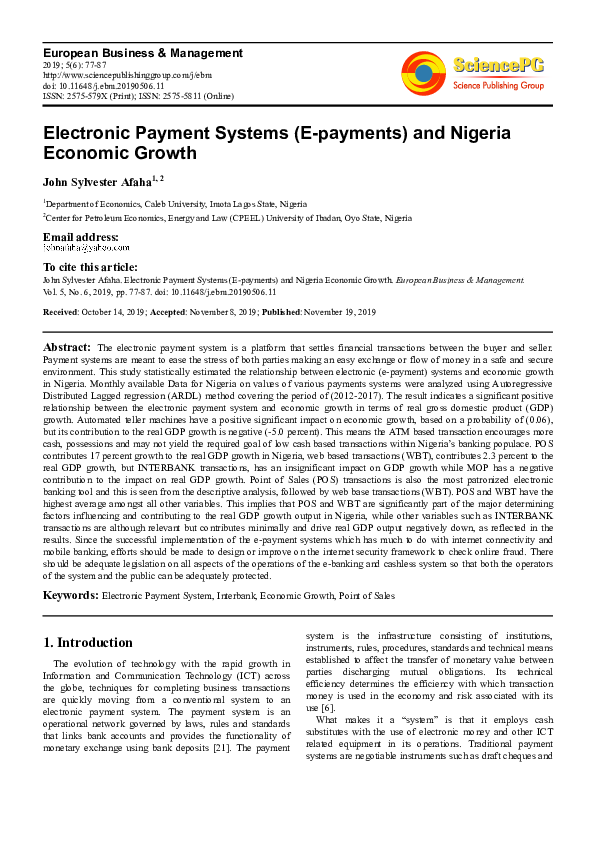 (PDF) Electronic Payment Systems (E-payments) and Nigeria Economic Growth