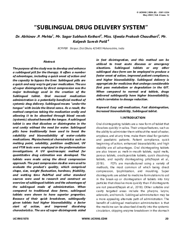 (PDF) "SUBLINGUAL DRUG DELIVERY SYSTEM"