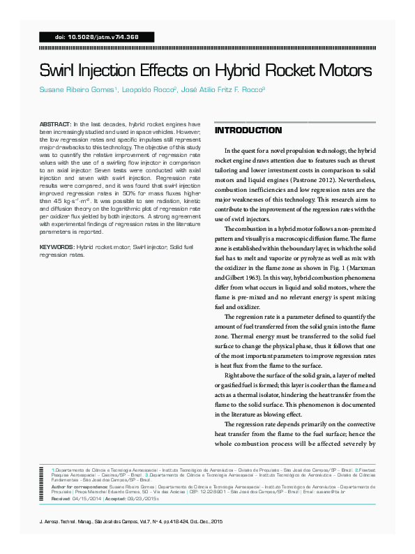 (PDF) Swirl Injection Effects on Hybrid Rocket Motors