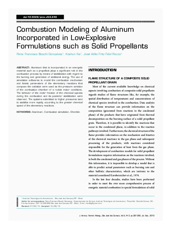 (PDF) Combustion Modeling of Aluminum Incorporated to Low-Explosive Formulations such as Solid ...