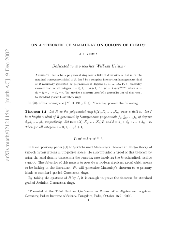 (PDF) On a Theorem of Macaulay on Colons of Ideals
