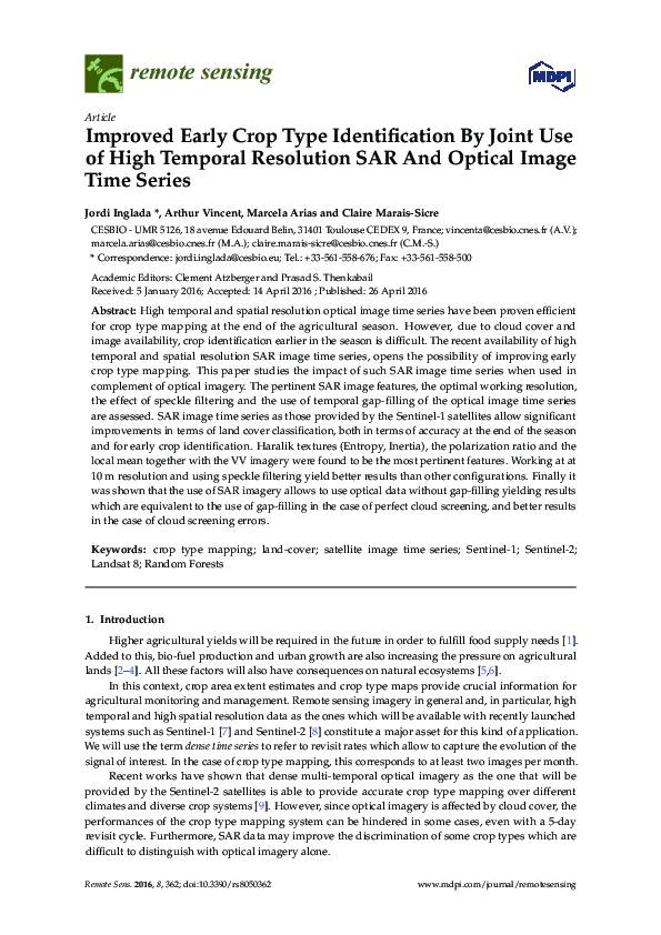 (PDF) Improved Early Crop Type Identification By Joint Use of High ...