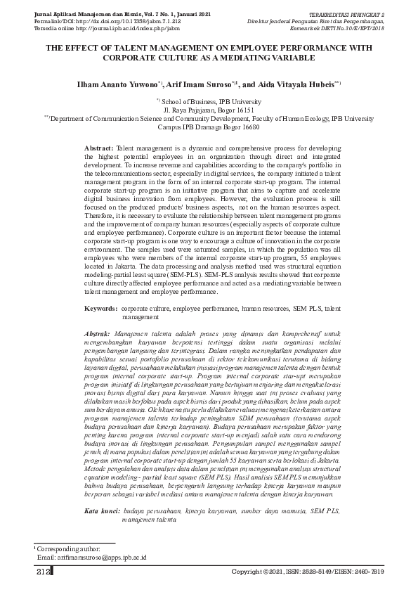 (PDF) The Effect of Talent Management on Employee Performance with Corporate Culture as a ...