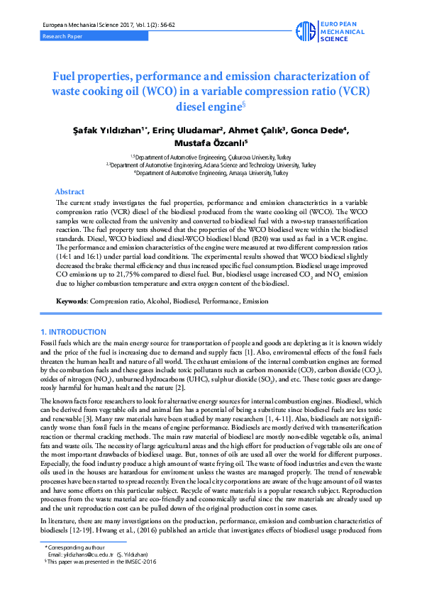 (PDF) Fuel properties, performance and emission characterization of waste cooking oil (WCO) in a ...