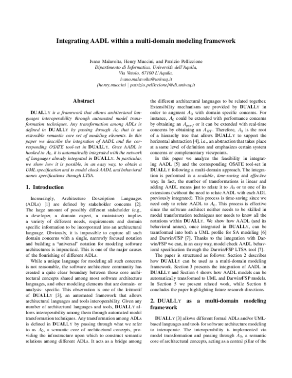 Pdf Integrating Aadl Within A Multi Domain Modeling Framework Henry Muccini