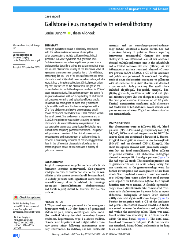 (PDF) Gallstone ileus managed with enterolithotomy