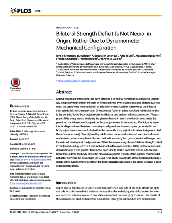 (PDF) Bilateral Strength Deficit Is Not Neural in Origin; Rather Due to ...