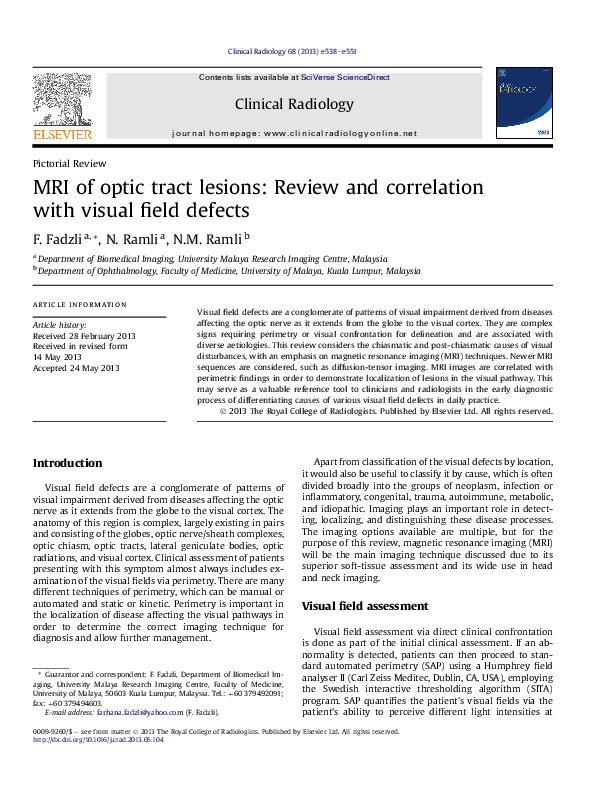 (PDF) MRI of optic tract lesions: Review and correlation with visual field defects