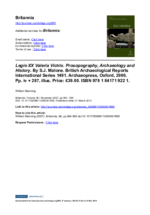 (PDF) Legio XX Valeria Victrix: Prosopography, archaeology and history