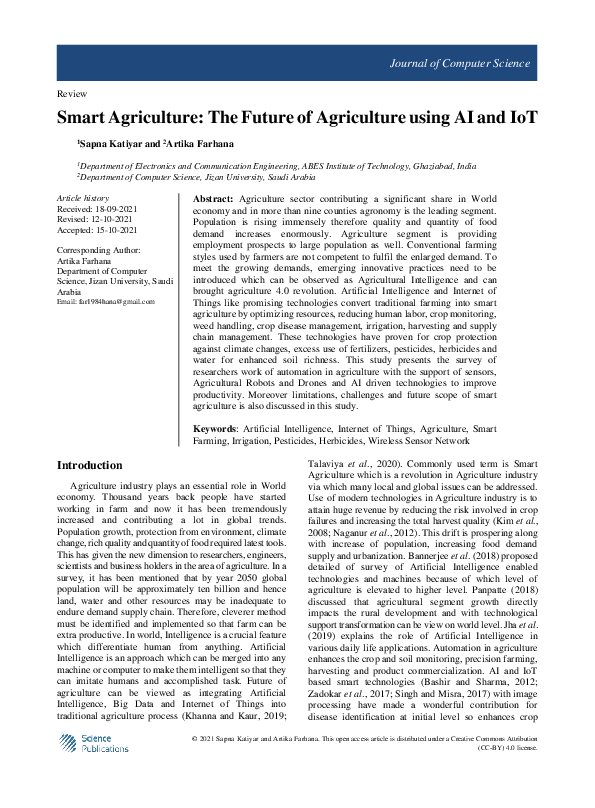 Pdf Smart Agriculture The Future Of Agriculture Using Ai And Iot