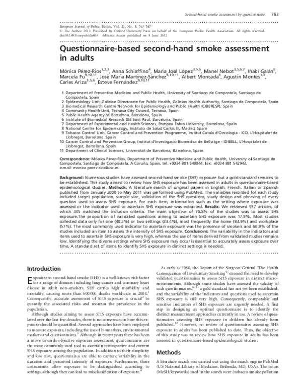 (PDF) Questionnaire-based second-hand smoke assessment in adults
