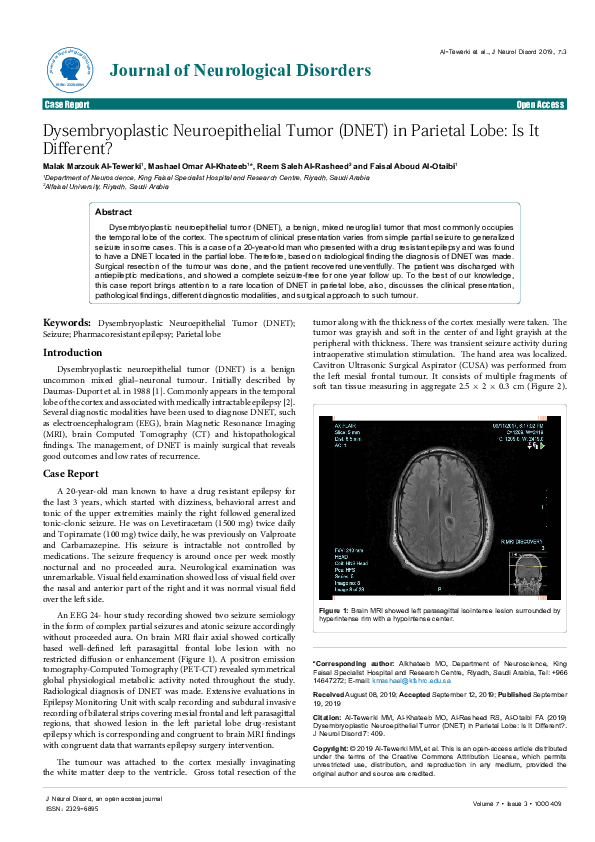 (PDF) Dysembryoplastic Neuroepithelial Tumor (DNET) in Parietal Lobe ...