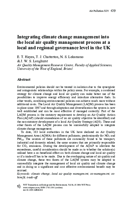 (PDF) Integrating climate change management into the local air quality ...