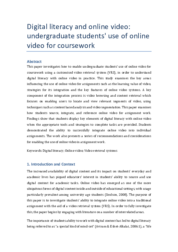 (PDF) Digital literacy and online video: Undergraduate students’ use of ...