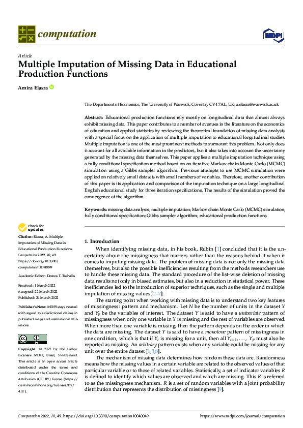 (PDF) Multiple Imputation of Missing Data in Educational Production Functions
