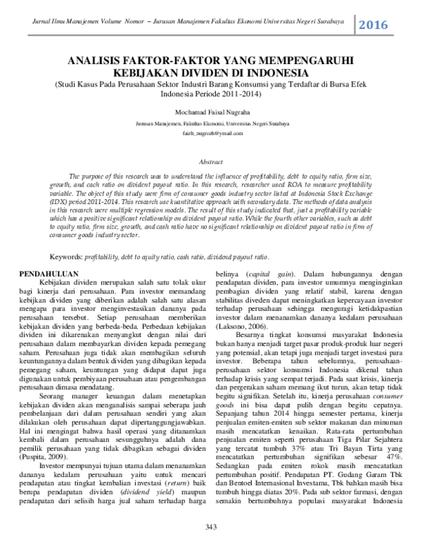 Pdf Analisis Faktor Faktor Yang Mempengaruhi Kebijakan Dividen Di