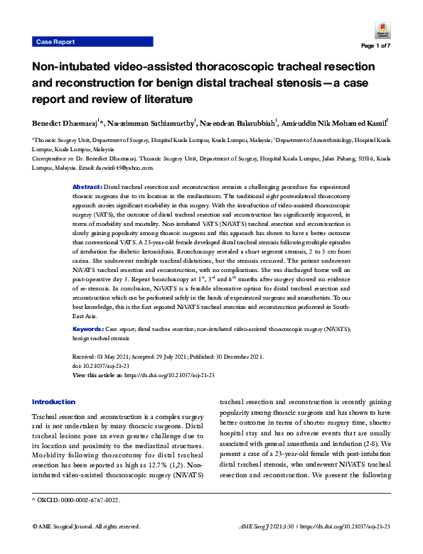 (PDF) Non-intubated video-assisted thoracoscopic tracheal resection and ...