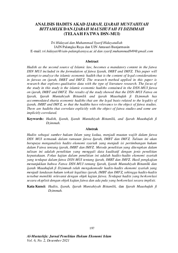(PDF) Analisis Hadits Akad Ijarah, Ijarah Muntahiyah Bittamlik Dan ...