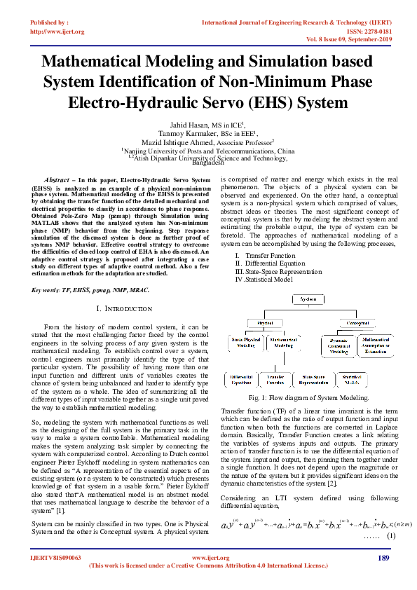 Pdf Mathematical Modeling And Simulation Based System Identification Of Non Minimum Phase