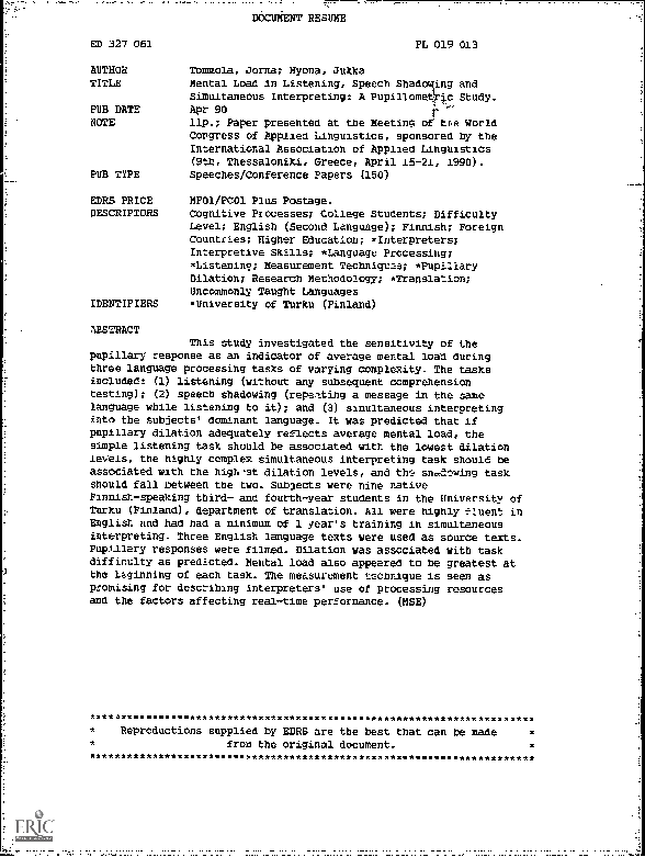 (PDF) Mental Load in Listening, Speech Shadowing and Simultaneous Interpreting: A Pupillometric ...