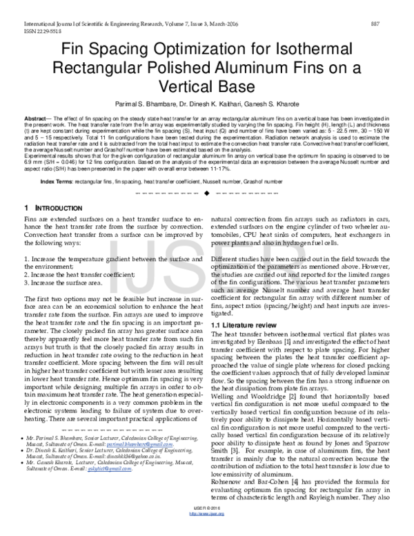 (PDF) Fin Spacing Optimization for Isothermal Rectangular Polished Aluminum Fins on a Vertical Base