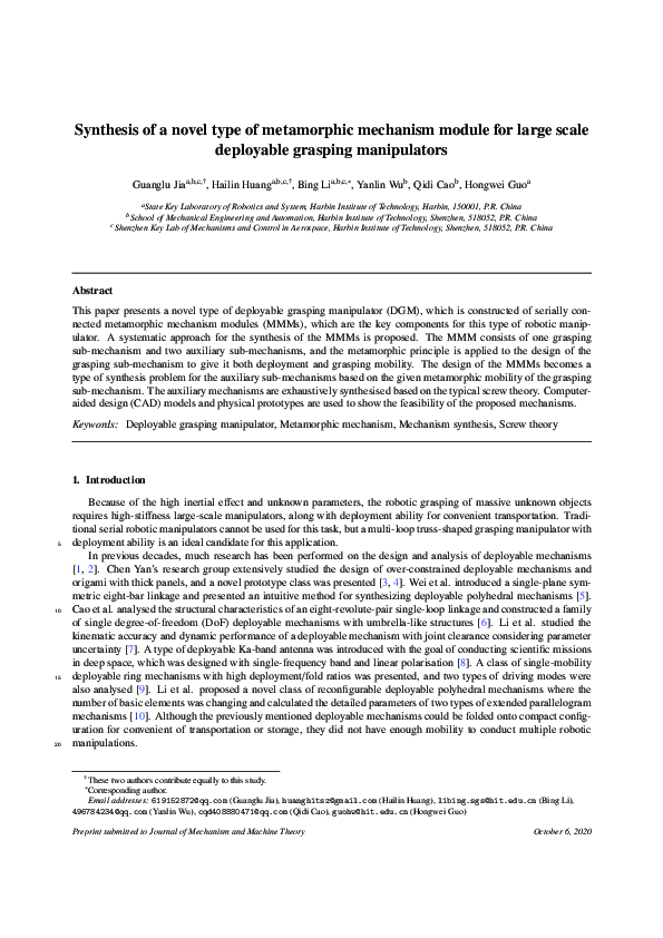 (PDF) Synthesis of a novel type of metamorphic mechanism module for large scale deployable ...