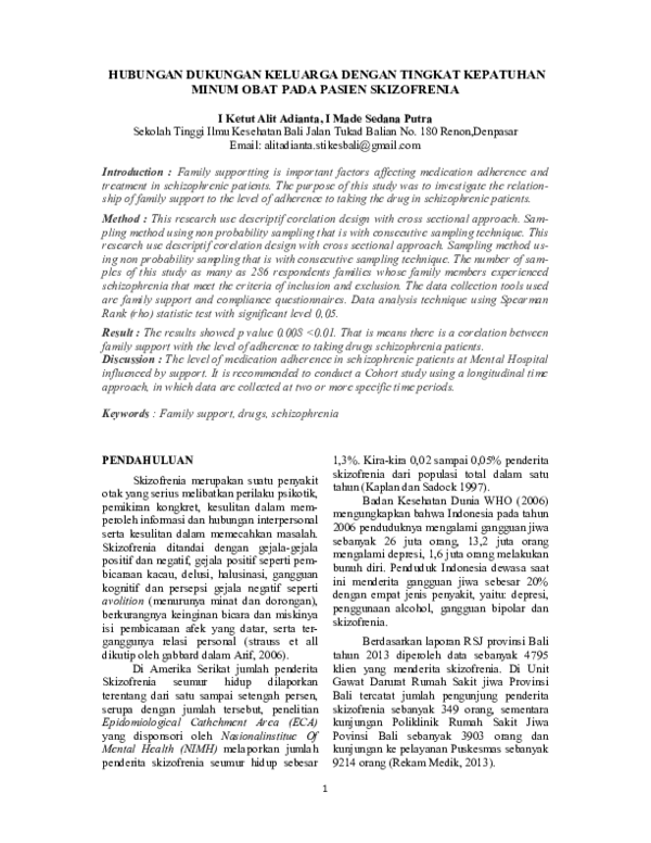 (PDF) Hubungan Dukungan Keluarga Dengan Tingkat Kepatuhan Minum Obat Pada Pasien Skizofrenia | I ...