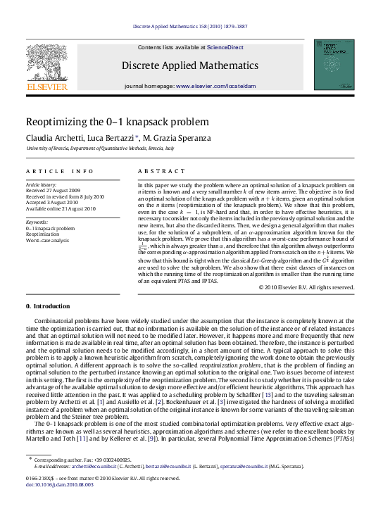 (PDF) Reoptimizing the 0–1 knapsack problem
