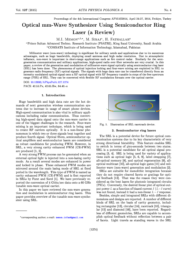 (PDF) Optical mm-Wave Synthesizer Using Semiconductor Ring Laser (a Review)