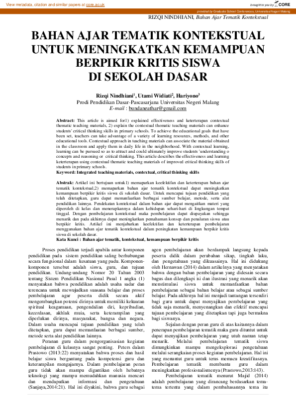 (PDF) Bahan Ajar Tematik Kontekstual Untuk Meningkatkan Kemampuan Berpikir Kritis Siswa DI ...