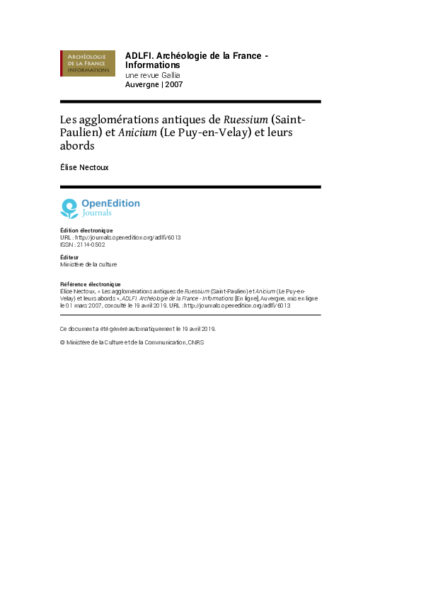 (PDF) Les agglomérations antiques de Ruessium (Saint-Paulien) et ...