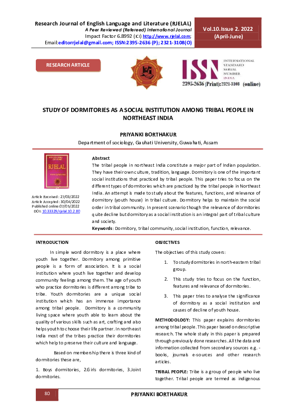 (PDF) STUDY OF DORMITORIES AS A SOCIAL INSTITUTION AMONG TRIBAL PEOPLE ...