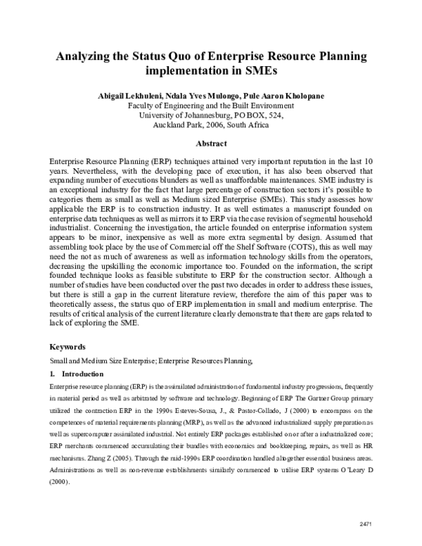 (PDF) Analyzing the Status Quo of Enterprise Resource Planning implementation in SMEs