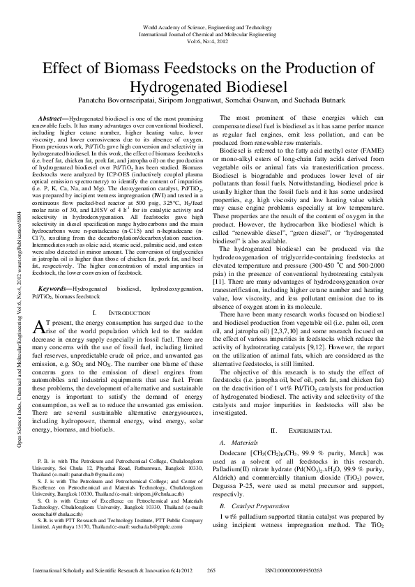(PDF) Effect of Biomass Feedstocks on the Production of Hydrogenated ...