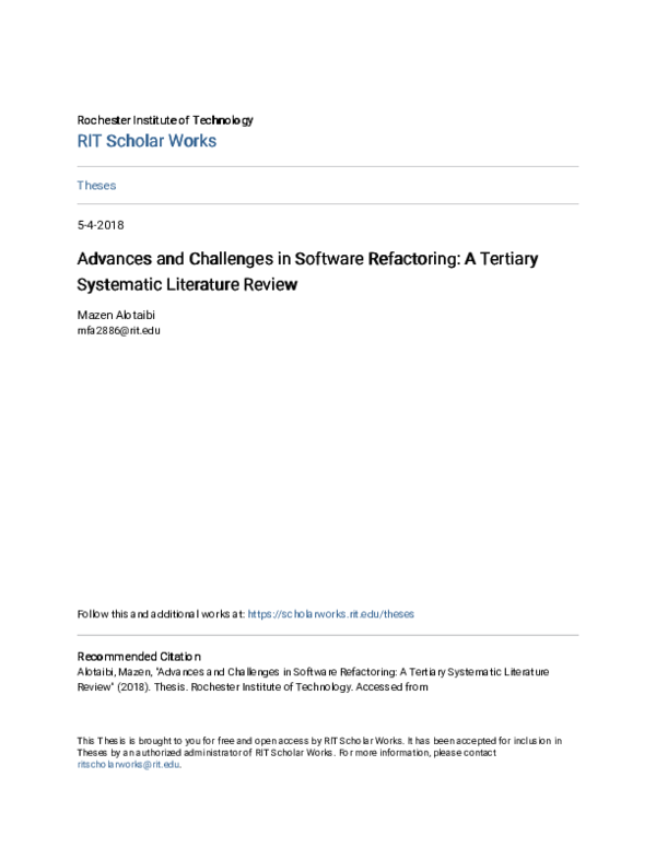 (PDF) Advances and Challenges in Software Refactoring: A Tertiary Systematic Literature Review