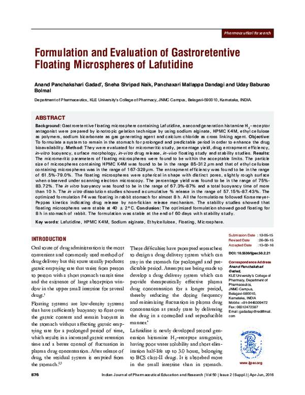 Pdf Formulation And Evaluation Of Gastroretentive Floating Microspheres Of Lafutidine