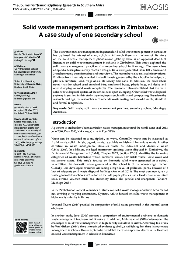(PDF) Solid waste management practices in Zimbabwe: A case study of one ...