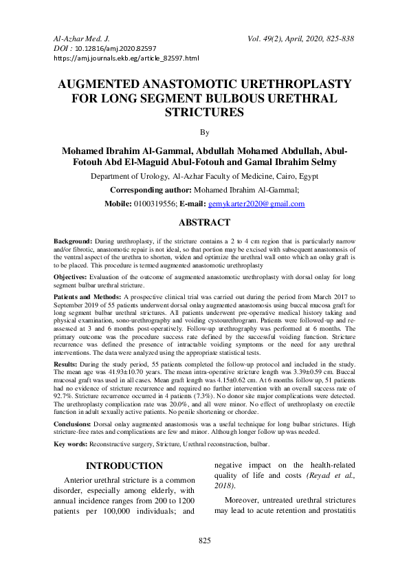 (PDF) Augmented Anastomotic Urethroplasty for Long Segment Bulbous ...