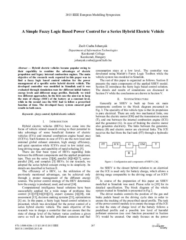 Pdf A Simple Fuzzy Logic Based Power Control For A Series Hybrid Electric Vehicle Zsolt