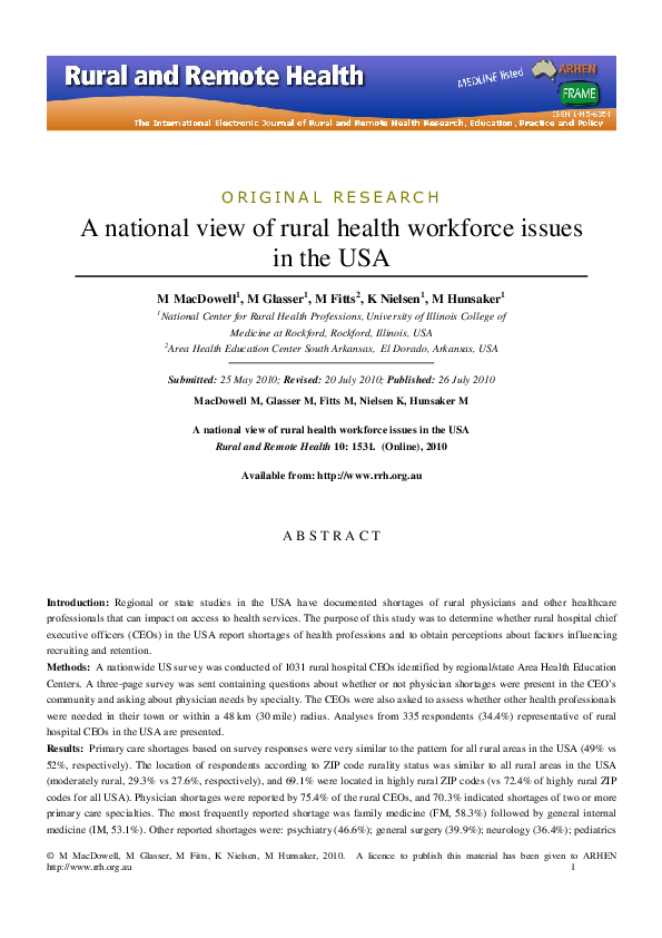 (PDF) A national view of rural health workforce issues in the USA