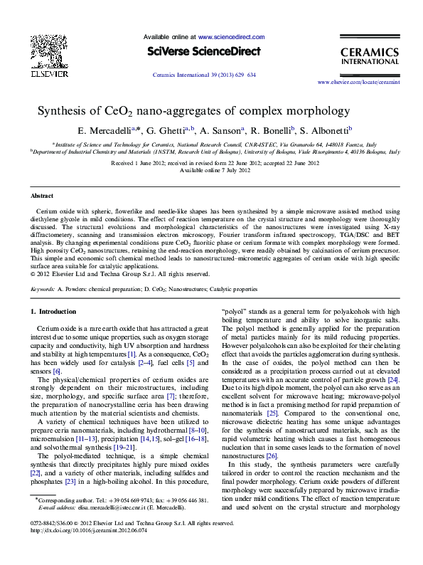 (PDF) Synthesis of CeO2 nano-aggregates of complex morphology