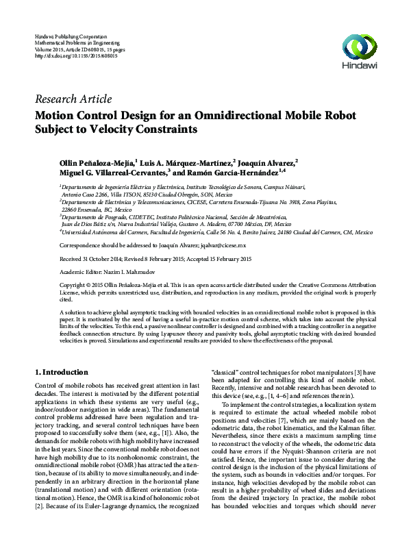 Pdf Motion Control Design For An Omnidirectional Mobile Robot Subject To Velocity Constraints
