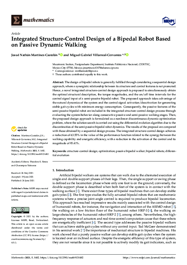 Pdf Integrated Structure Control Design Of A Bipedal Robot Based On Passive Dynamic Walking