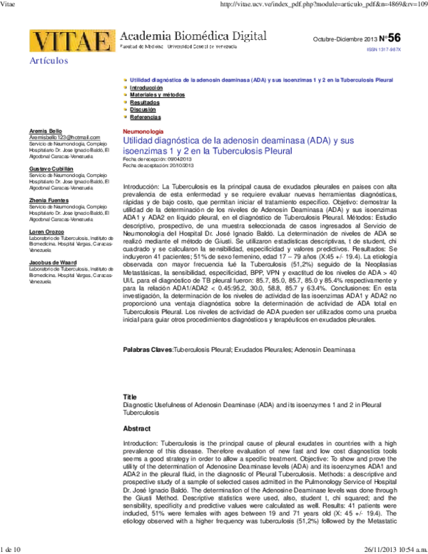 (PDF) Diagnostic Usefulness of Adenosin Deaminase (ADA) and its ...