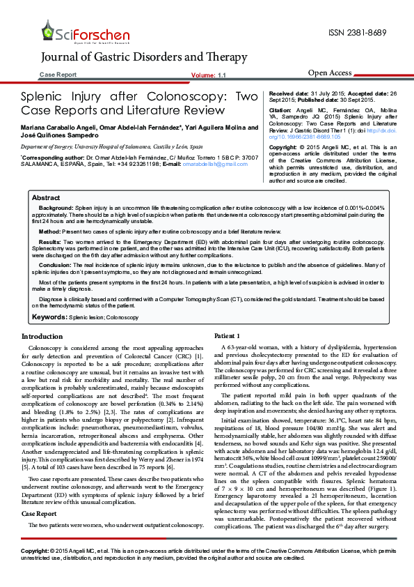 (PDF) Splenic Injury after Colonoscopy: Two Case Reports and Literature ...