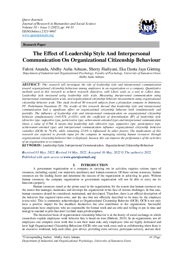 (PDF) The Effect of Leadership Style And Interpersonal Communication On ...