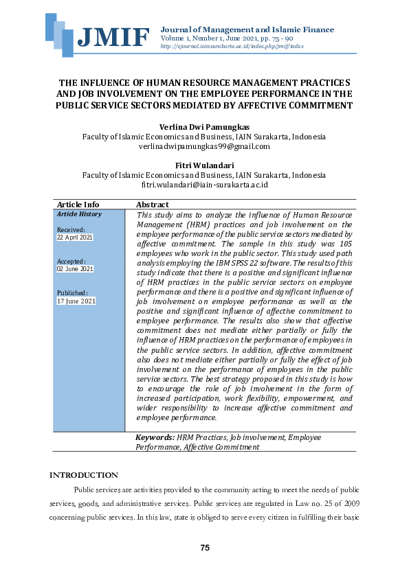 (PDF) The Influence of Human Resource Management Practices and Job Involvement on the Employee ...