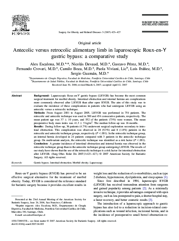 (PDF) Antecolic versus retrocolic alimentary limb in laparoscopic Roux ...