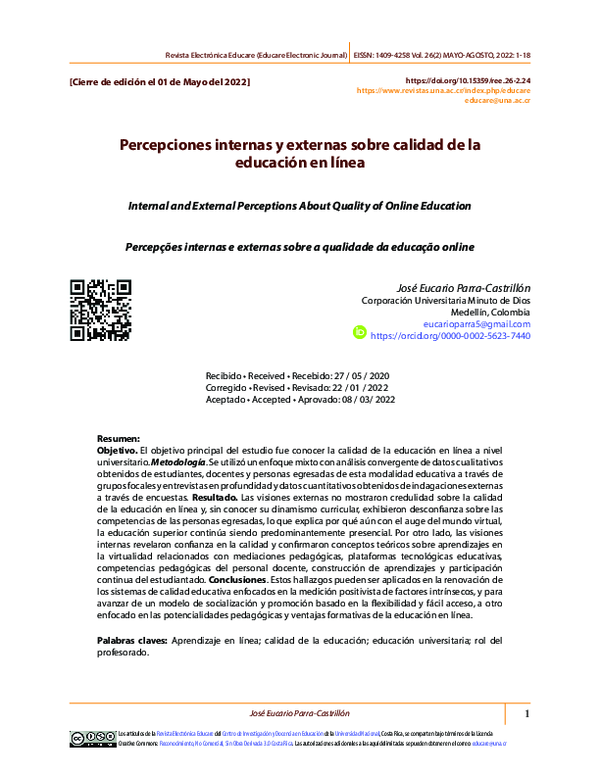 (PDF) Percepciones internas y externas sobre calidad de la educación en línea