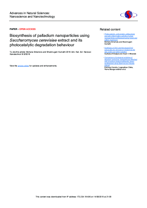(PDF) Biosynthesis of palladium nanoparticles using Saccharomyces cerevisiae extract and its ...